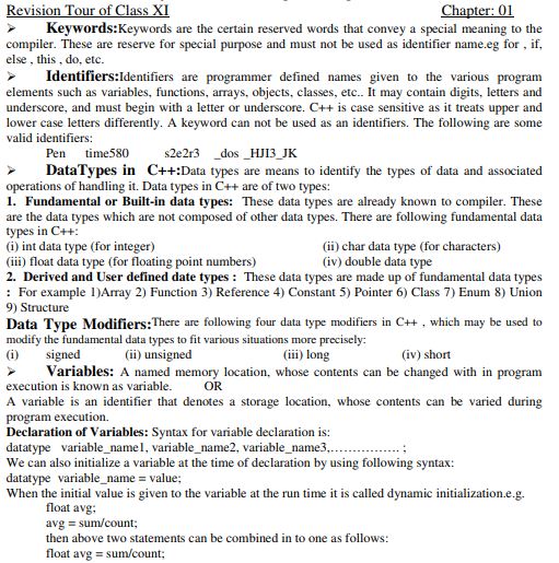Cbse Class 12 Computer Science Object Oriented Programming In C Worksheet